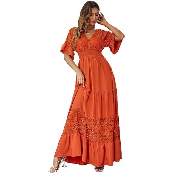 Simplee | Dresses | Simplee V Neck Lace Maxi Dress L Burnt Orange ...